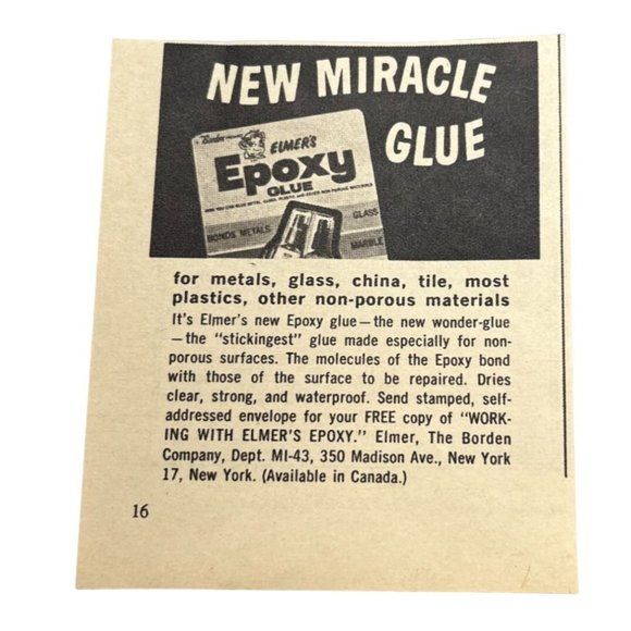 Art | Vintage 1963 Print Ad Elmers Epoxy Glue Miracle Stickingest ...